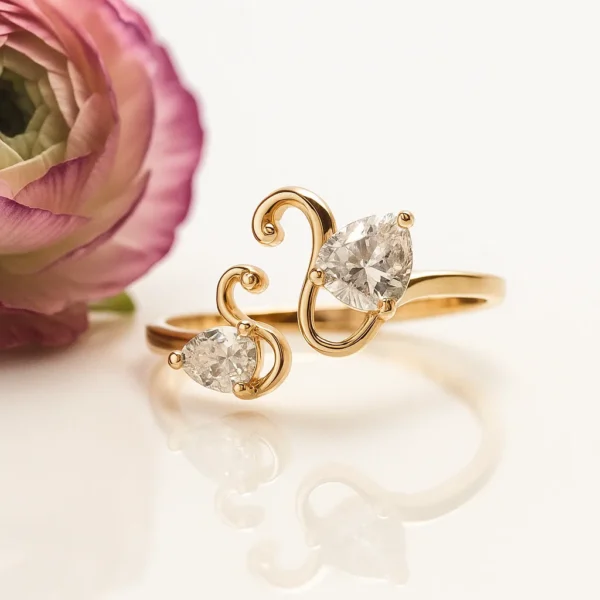 Luxury dual stone swirl design open gold ring